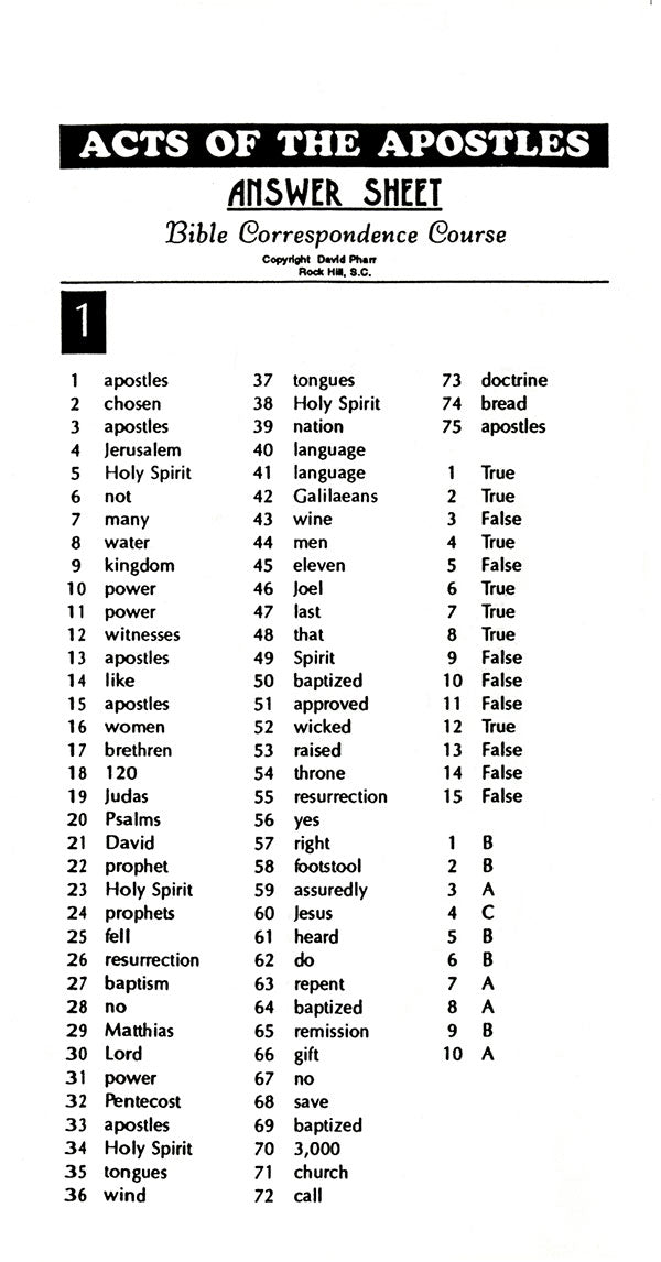 Acts of the Apostles Answer Key | Glad Tidings Publishing